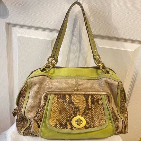 Coach | Bags | Coach Ashley Bonnie Natural Straw Lime Green And Python ...
